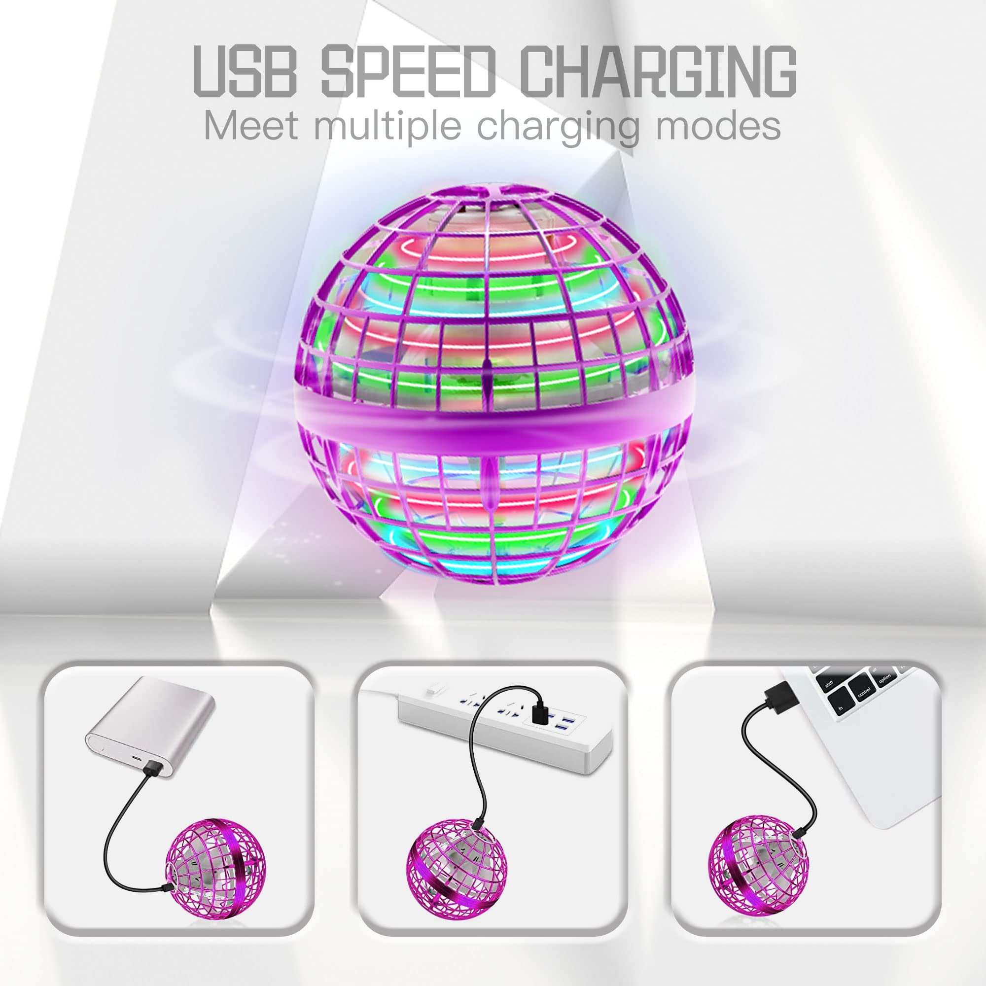 Flying Ball Toy Globe 360°Rotating Hand Controlled Flying Orb Ball Toys Magic Led Lights Controller Mini Drone Flying Toy Boomerang Fly Spinners for Kids Adults Indoor Outdoor (Purple)