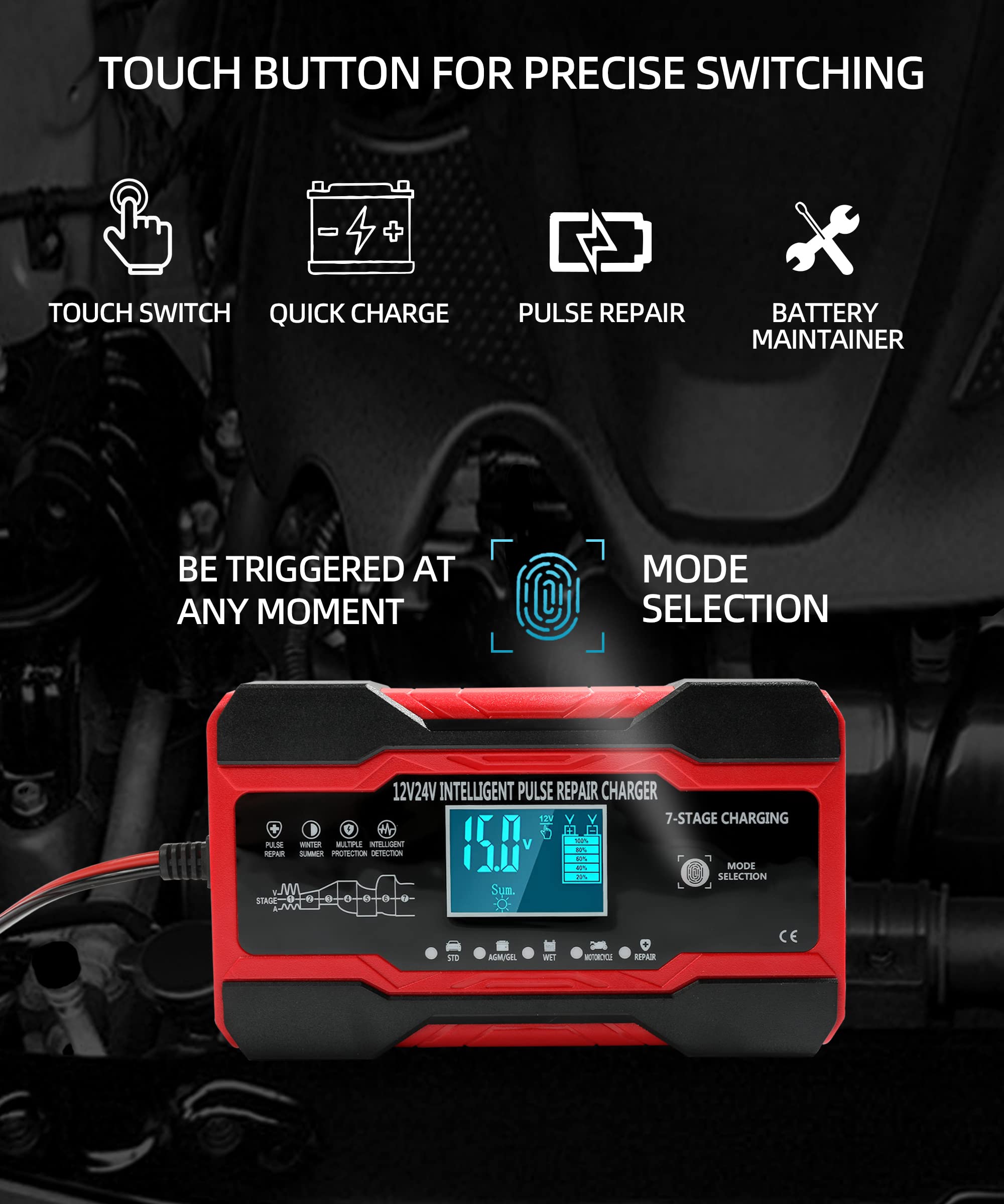 AOCISKA 8-Amp Car Battery Charger,12V and 24V Fully Automatic Smart Battery Charger,Battery Desulfator with Temperature, Trickle Charger for Car Truck Motorcycle Lawn Mower Boat