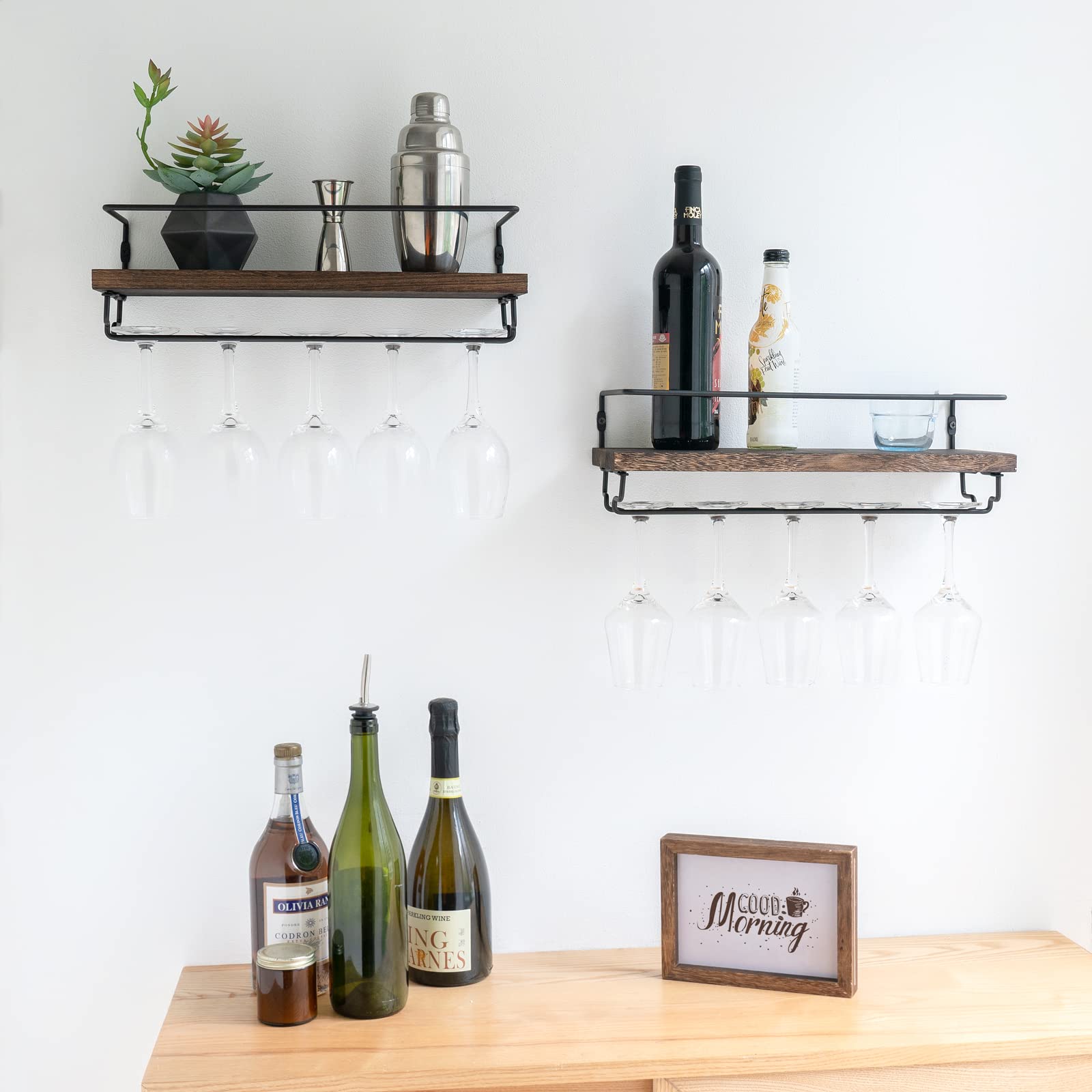 Dahey Wall Mounted Wine Rack Rustic Wood Floating Shelves with Stemware Wine Glasses Holder Champagne Bottle Display Storage for Kitchen Dining Room Bar Home Decor, Set of 2