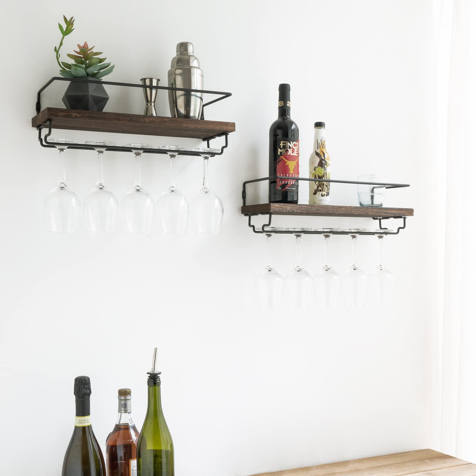 Dahey Wall Mounted Wine Rack Rustic Wood Floating Shelves with Stemware Wine Glasses Holder Champagne Bottle Display Storage for Kitchen Dining Room Bar Home Decor, Set of 2