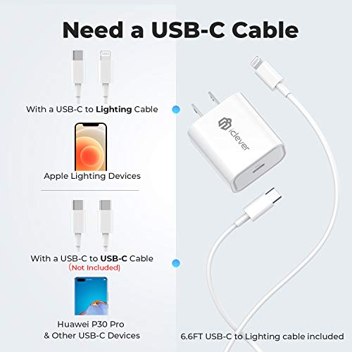 iPhone 14 13 12 Fast Charger: iClever 20W PD USB C Fast Charger, Wall Charger Adapter with MFi Certified 6.6FT USB C to Lightning Cable for iPhone 14/13/13 Pro/12 Pro/12 Pro Max/11 Pro/iPad Pro