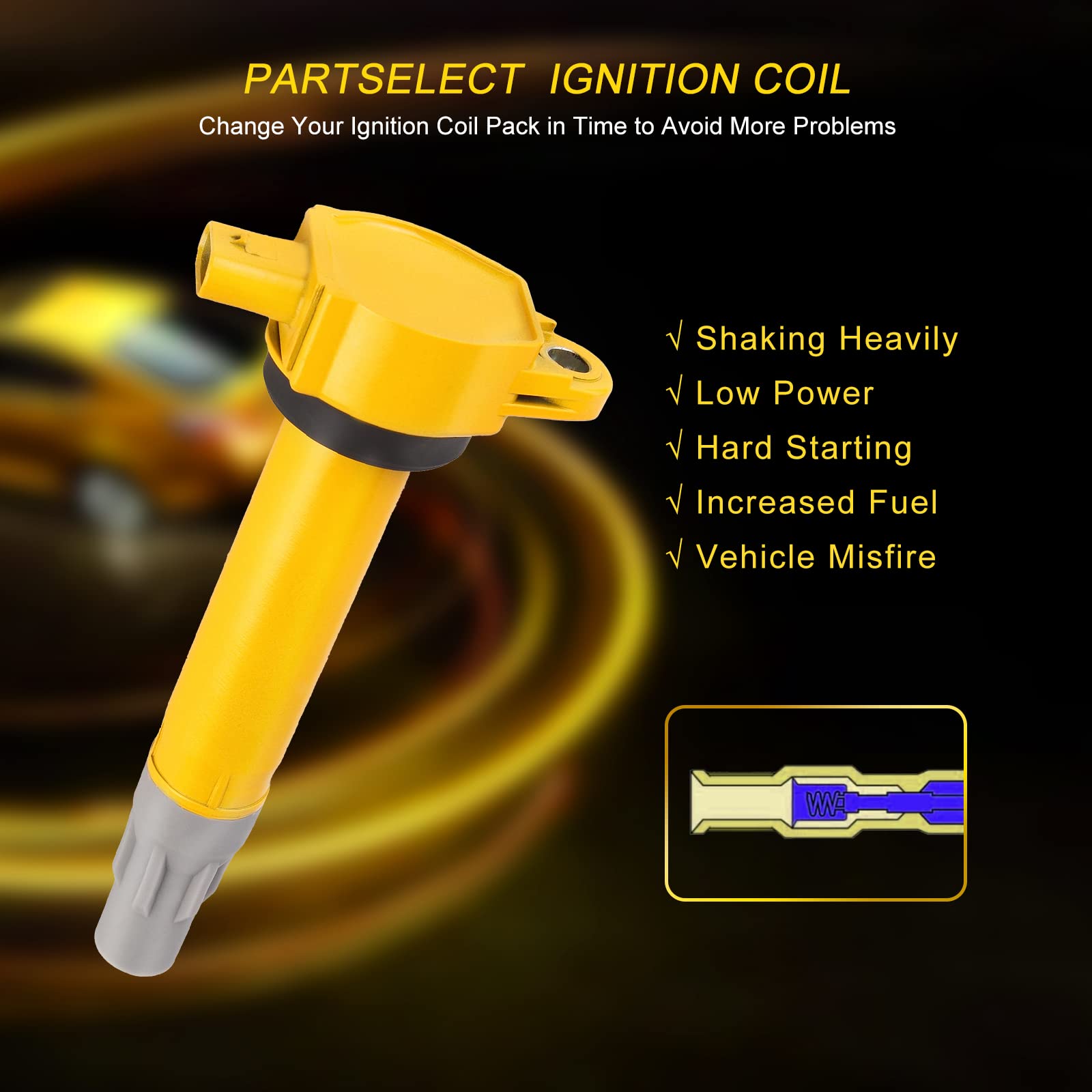 Partselect 6PCS Ignition Coil Pack UF502 4606869AA 4606869AB UF-502 Replacement for 2006-2010 Chrysler 300 Town & Country Sebring Dodge Magnum Charger Nitro Avenger Challenger 2.7L 3.5L 4.0L V6
