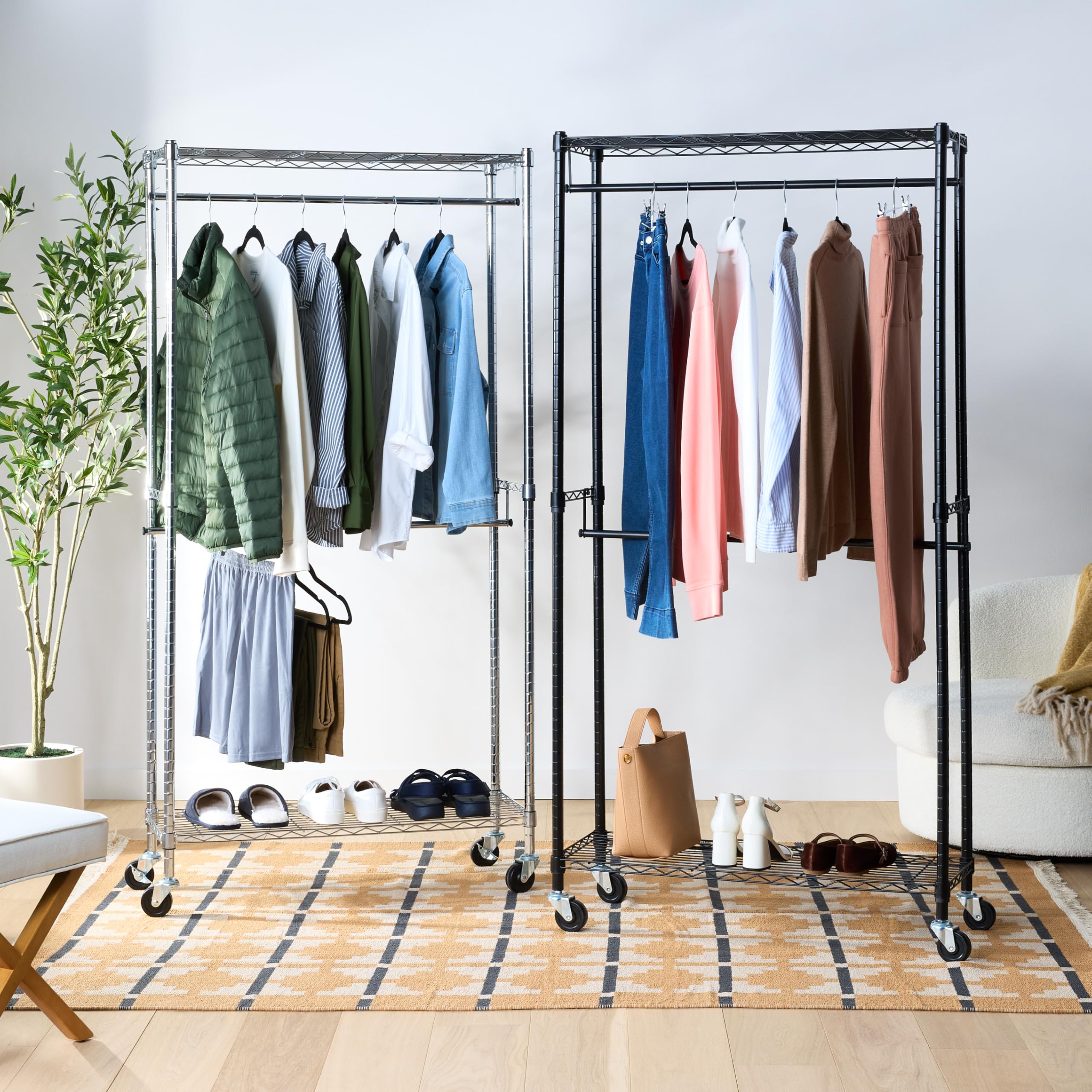 Amazon Basics Adjustable, Double Hanging Rod Garment Rolling Closet Organizer Rack - Black, 72 inches