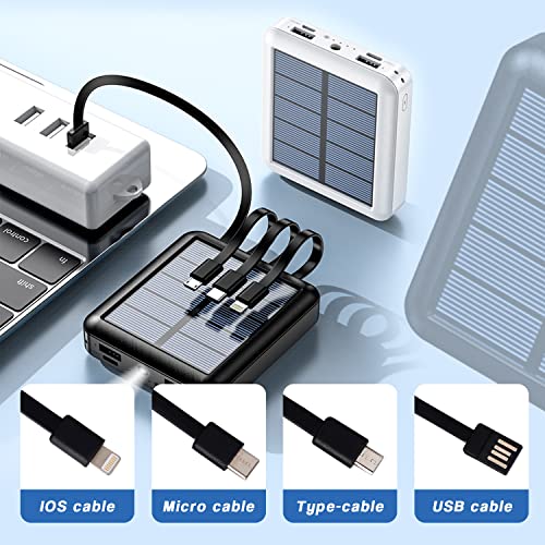 Ruirtarci Small Black Solar Bank,12000mAh Solar Power Bank with Built in 4 Cables,USB C Input/Output,Battery Portable Charger Power Bank for iPhone,Tablet,Samsung,Airpods
