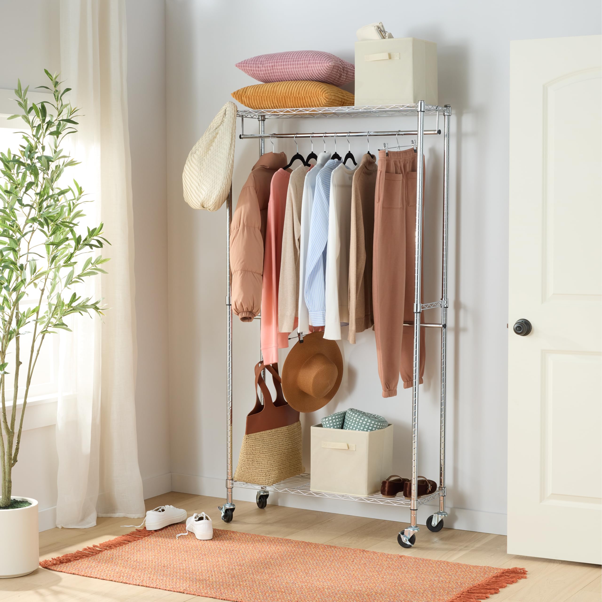 Amazon Basics Adjustable, Double Hanging Rod Garment Rolling Closet Organizer Rack - Black, 72 inches