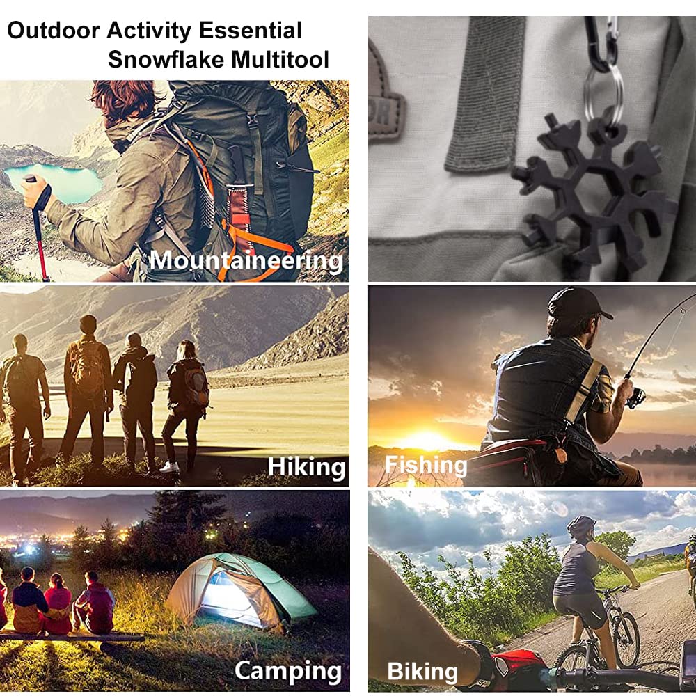 Snowflake Multi tool, 19 in 1 Portable Stainless Steel Snowflake Tool for Outdoor Travel Camping, with Key Ring and Carabiner Clip,Gift for Men Dad (Black)