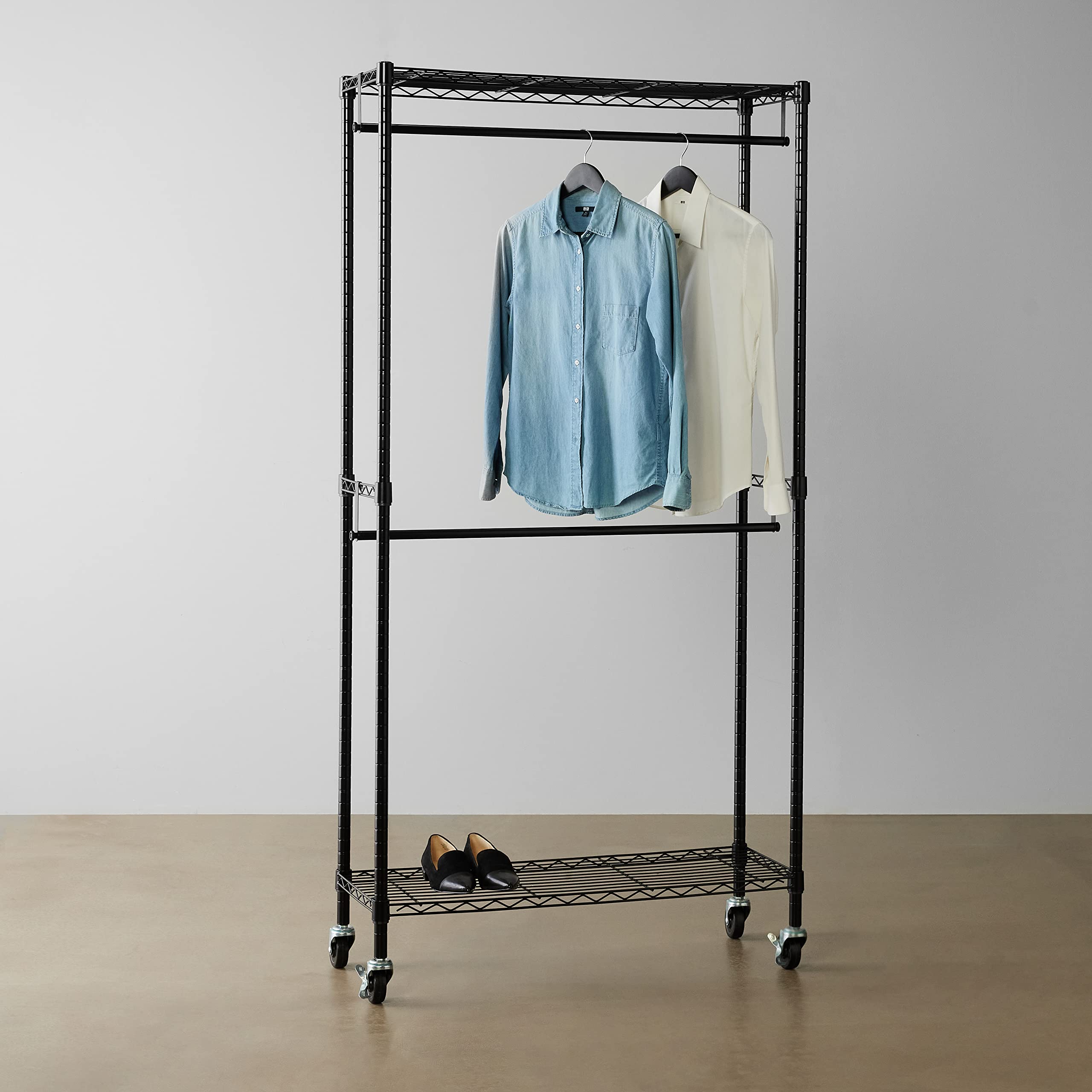 Amazon Basics Adjustable, Double Hanging Rod Garment Rolling Closet Organizer Rack - Black, 72 inches