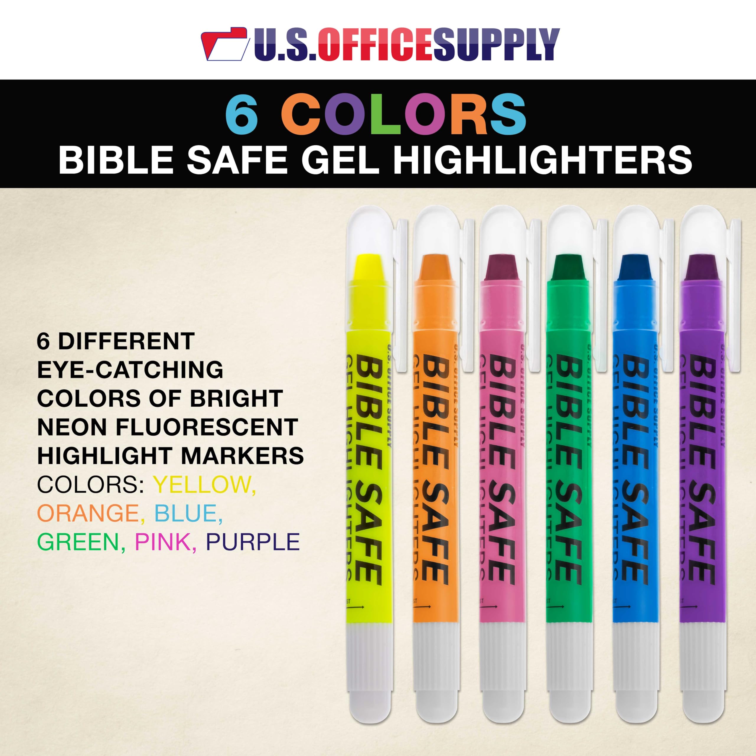 U.S. Office Supply Bible Safe Gel Highlighters, 6 Pack Set - 6 Different Bright Neon Fluorescent Highlight Colors Yellow, Orange, Pink, Purple, Green, Blue - Won't Bleed, Fade or Smear - Study Guide