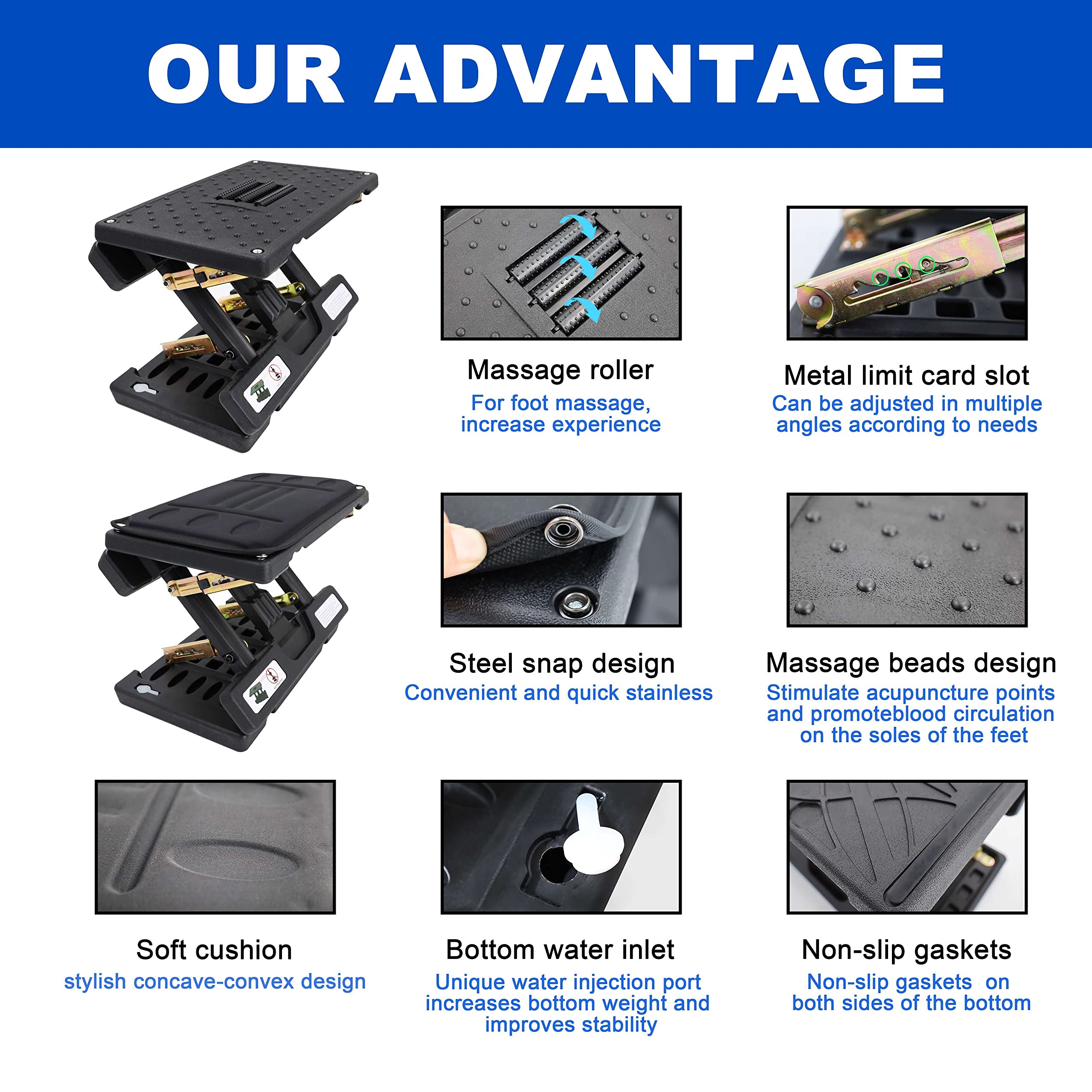 Adjustable Office Foot Rest Under Desk at Work, Leg Rest with Massage Surface Roller, Ergonomic Adjustment ,Bottom Can Be Filled with Water(Black)