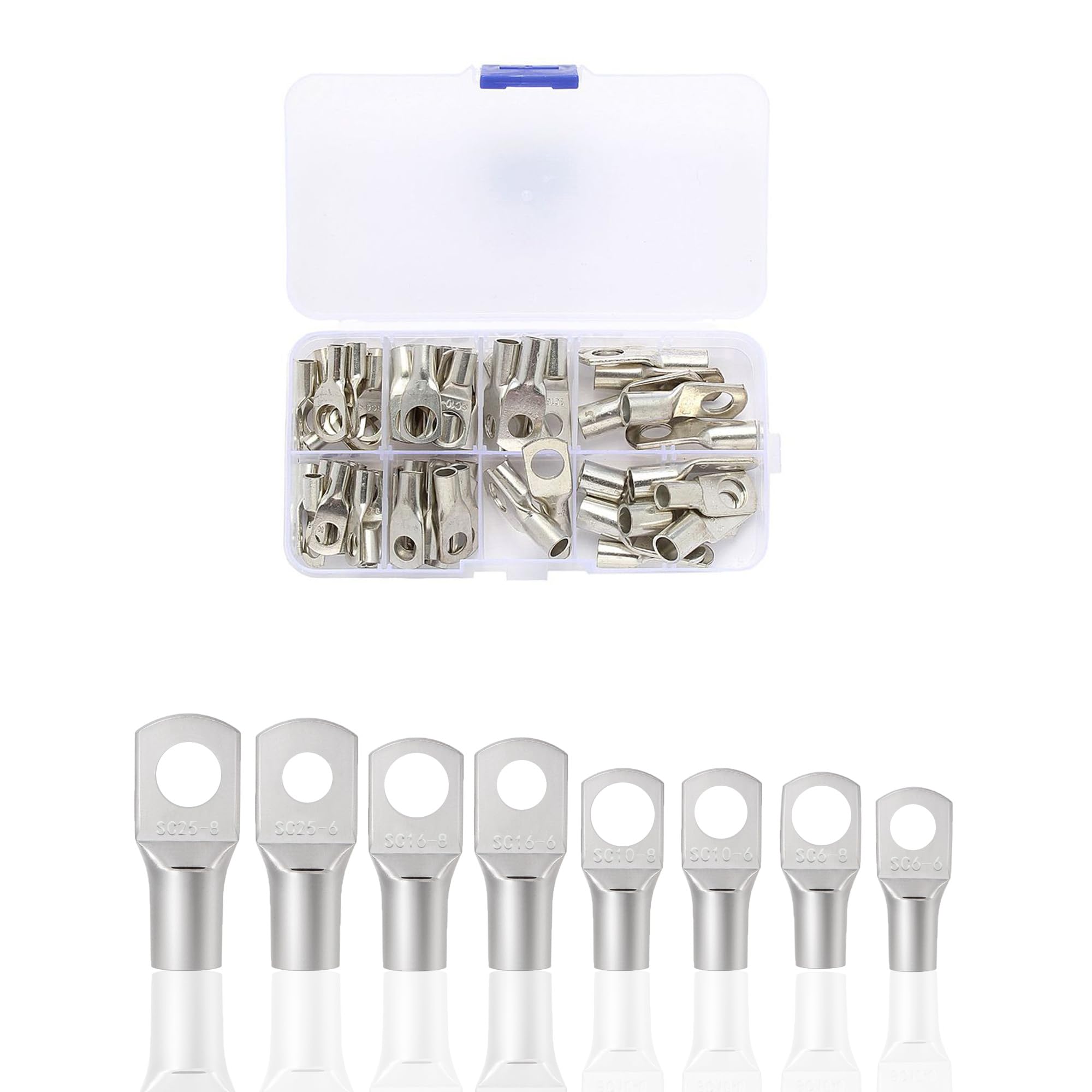 60PCS Tinned Copper Wire Lugs Assortment Kit - Standard 10-4 Gauge Wire Connectors Battery Cable Lugs,Automotive Replacement Battery Terminal Connectors