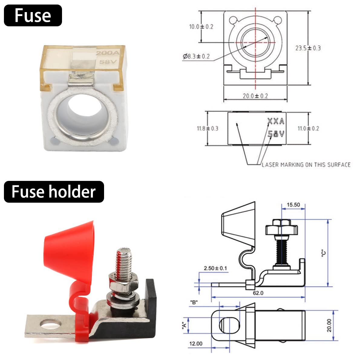 AUCELI Terminal Fuse Block Kit, 250A 58V DC Maximum, Single Stud 5/16" (M8) Compact Marine Rated Battery Fuse and Waterproof Terminal Mount Fuse Block Combo Pack Replacement for Boat Truck RV