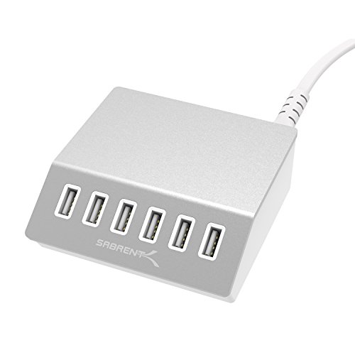 SABRENT Premium 60 Watt (12 Amp) 6 Port Aluminum Family Sized Desktop [UL Certified ] USB Rapid Charger. Smart USB Charger with Auto Detect Technology [Silver] (AX-FLCH)