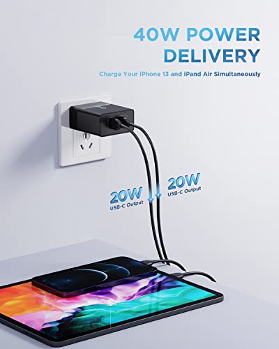 Dual USB C Charger with Apple MFi Certified Lightning Cable, 40W(20W Max Each) USB C Cell Phone Wall Charger Fast Charger Block Compatible with iPhone 13/12/11, Airpods, iPad
