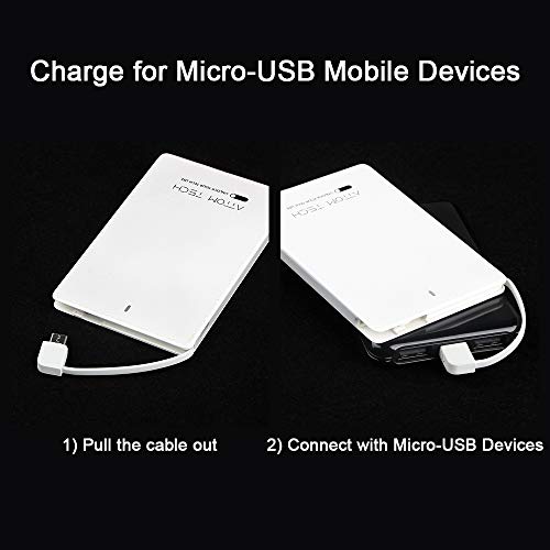 Attom Tech 2500mAh Power Bank Mini,Back-up Phone Battery Pack Ultra Slim,Pocket Size Thin External Phone Battery Pack Emergency Phone Power Built-in Charging Cable for Android Micro USB and Apple(WHT)