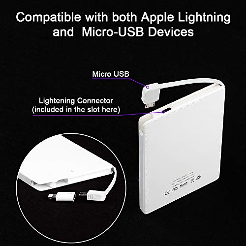 Attom Tech 2500mAh Power Bank Mini,Back-up Phone Battery Pack Ultra Slim,Pocket Size Thin External Phone Battery Pack Emergency Phone Power Built-in Charging Cable for Android Micro USB and Apple(WHT)