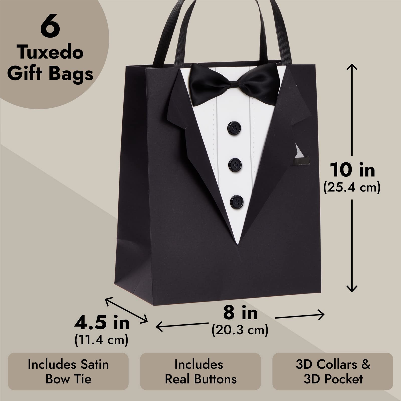 Tuxedo Gift Bag Set for Wedding Groomsman, Bachelor Party Favors (Black, 6 Pack)