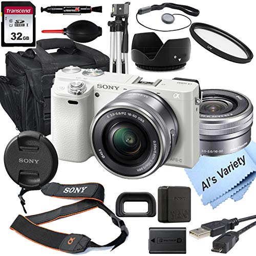 Sony Alpha a6000 (White) Mirrorless Digital Camera with 16-50mm Lens + 32GB Card, Tripod, Case, and More (18pc Bundle) (Renewed)