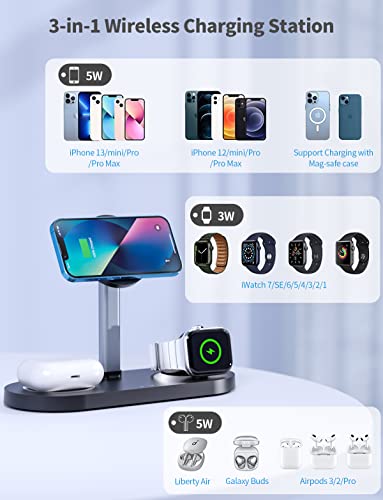 Magnetic Wireless Charging Station, Bototek Wireless Charger 3 in 1, 15W Fast Charger Stand + 20W USB C Power Adapter, for iPhone 13,12 Pro Max/Pro/Mini, iWatch 7/6/SE/5/4/3/2,AirPods 2/Pro/3