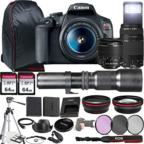 Canon EOS Rebel T7 DSLR Camera w/EF-S 18-55mm f/3.5-5.6 is II Lens + EF 75-300mm f/4-5.6 III Lens + 500mm f/8 Focus Lens + 2X 64GB Memory + Case + Filters + Tripod + More (35pc Bundle)