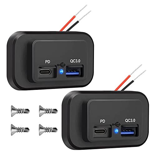 2PCS 12V USB Outlet, Dual Quick Charge 3.0 12V Socket USB Charger & PD Type-C (USB C), 12V 24V USB Charger Waterproof Power Socket Adapter Car Charger Adapter for RV Marine Motorcycle Truck Golf Cart