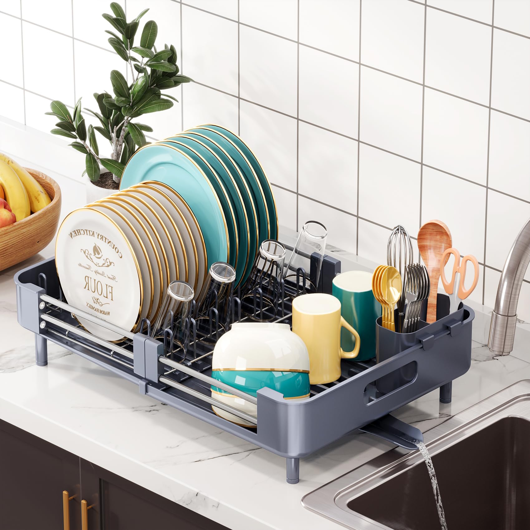 Dish Drying Rack, Kitchen Dish Drainer Rack, Expandable(13.2"-19.7") Stainless Steel Sink Organizer Dish Rack and Drainboard Set with Utensil Holder Cups Holder for Kitchen Counter