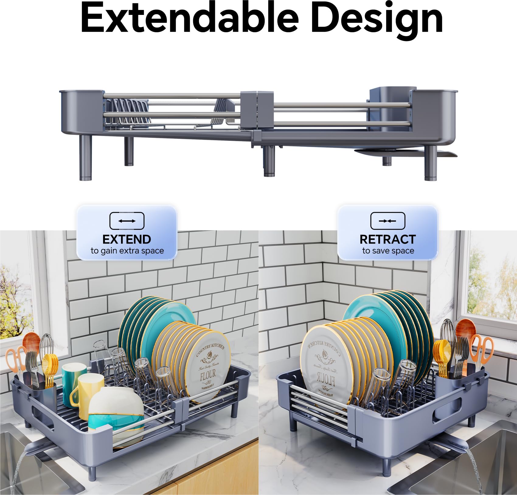 Dish Drying Rack, Kitchen Dish Drainer Rack, Expandable(13.2"-19.7") Stainless Steel Sink Organizer Dish Rack and Drainboard Set with Utensil Holder Cups Holder for Kitchen Counter