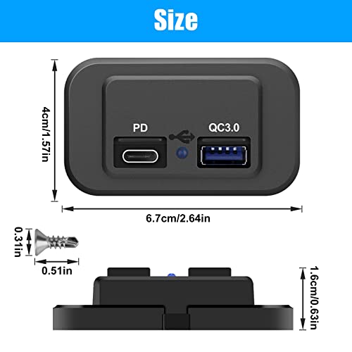 2PCS 12V USB Outlet, Dual Quick Charge 3.0 12V Socket USB Charger & PD Type-C (USB C), 12V 24V USB Charger Waterproof Power Socket Adapter Car Charger Adapter for RV Marine Motorcycle Truck Golf Cart