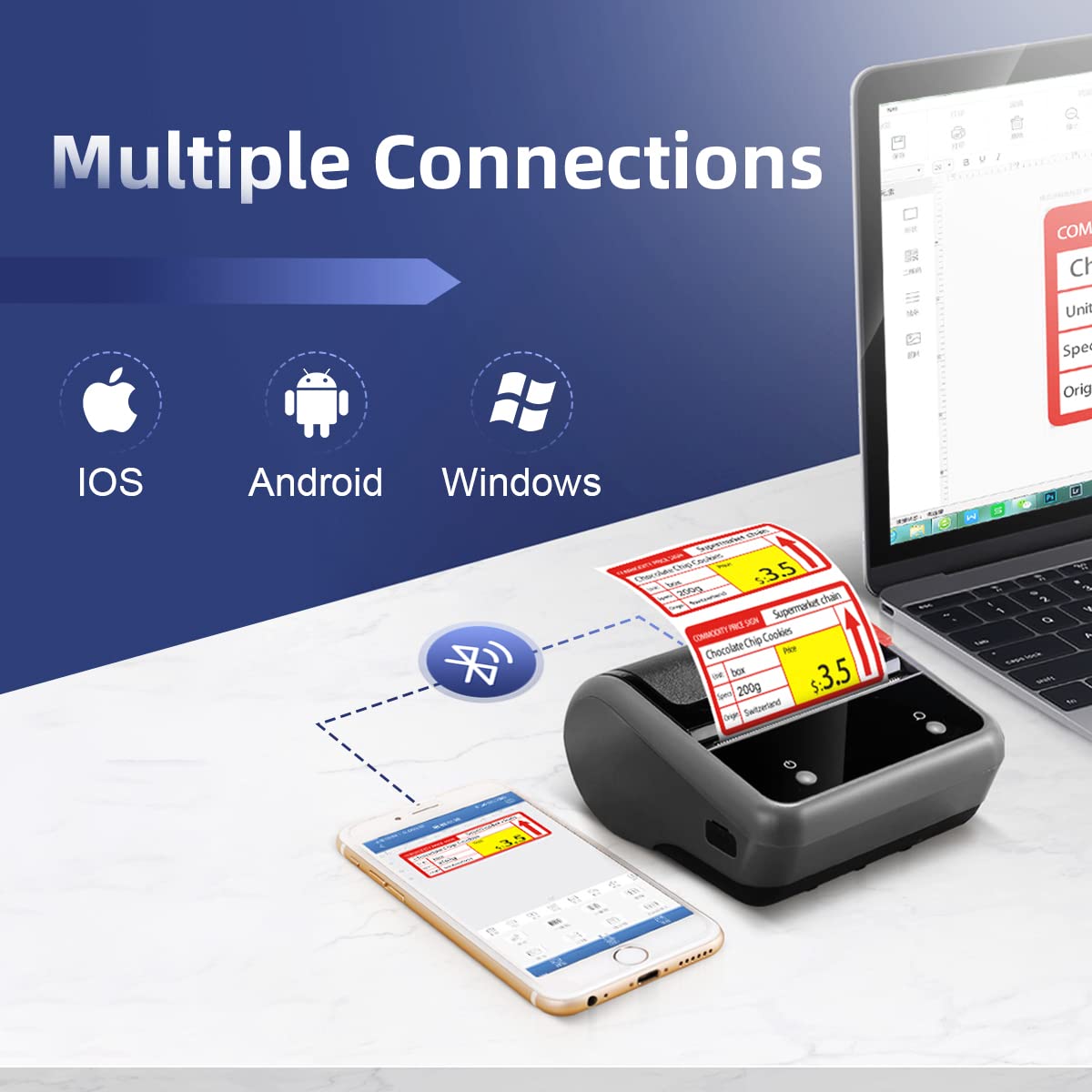 Thermal Label Printer B3S with 3 Inch Labels Tape Bluetooth Business Sticker Label Maker Suitable for Barcode, Price, Address and Storing Compatible with Android iOS and Windows for Home & Office