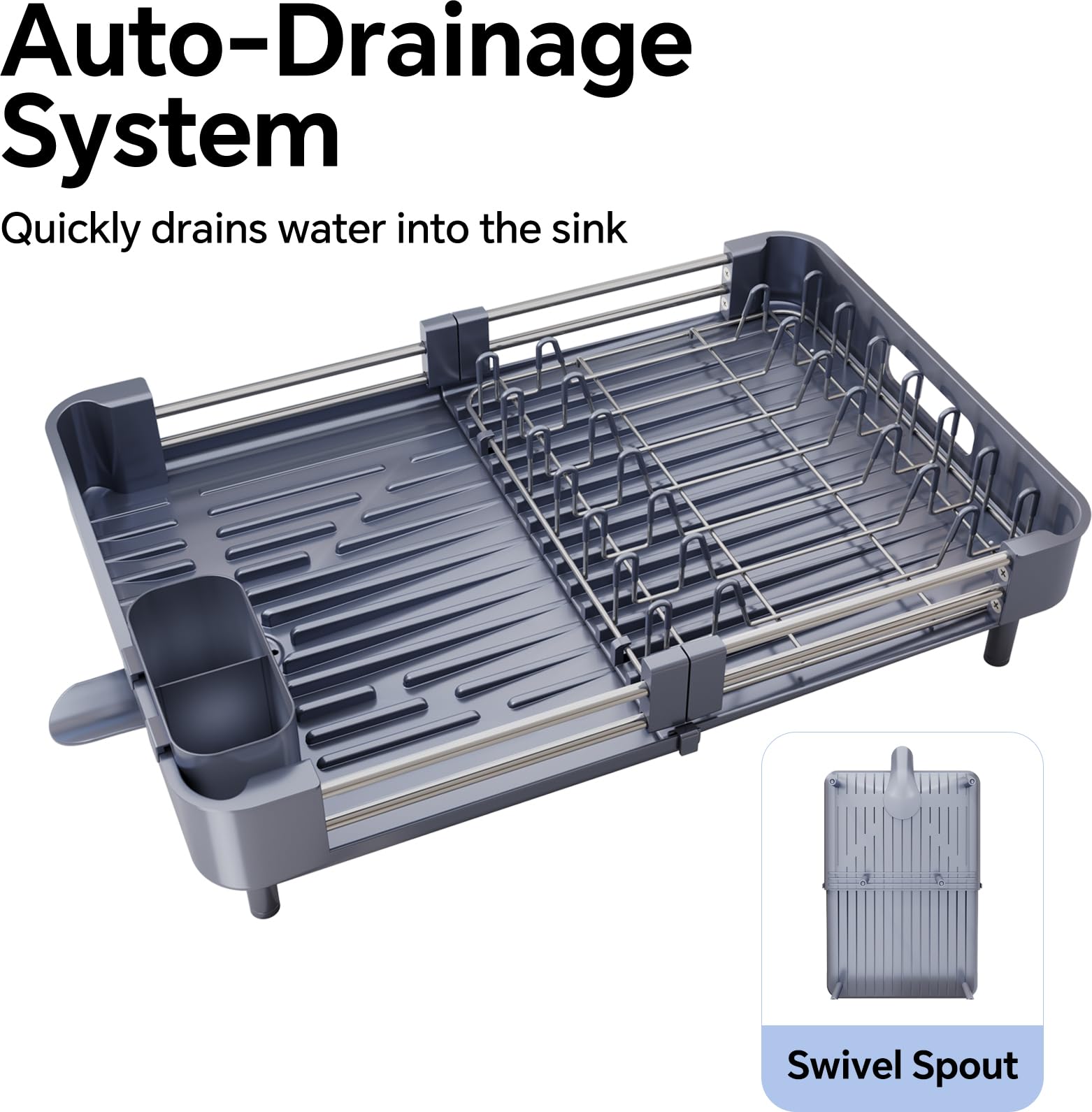 Dish Drying Rack, Kitchen Dish Drainer Rack, Expandable(13.2"-19.7") Stainless Steel Sink Organizer Dish Rack and Drainboard Set with Utensil Holder Cups Holder for Kitchen Counter