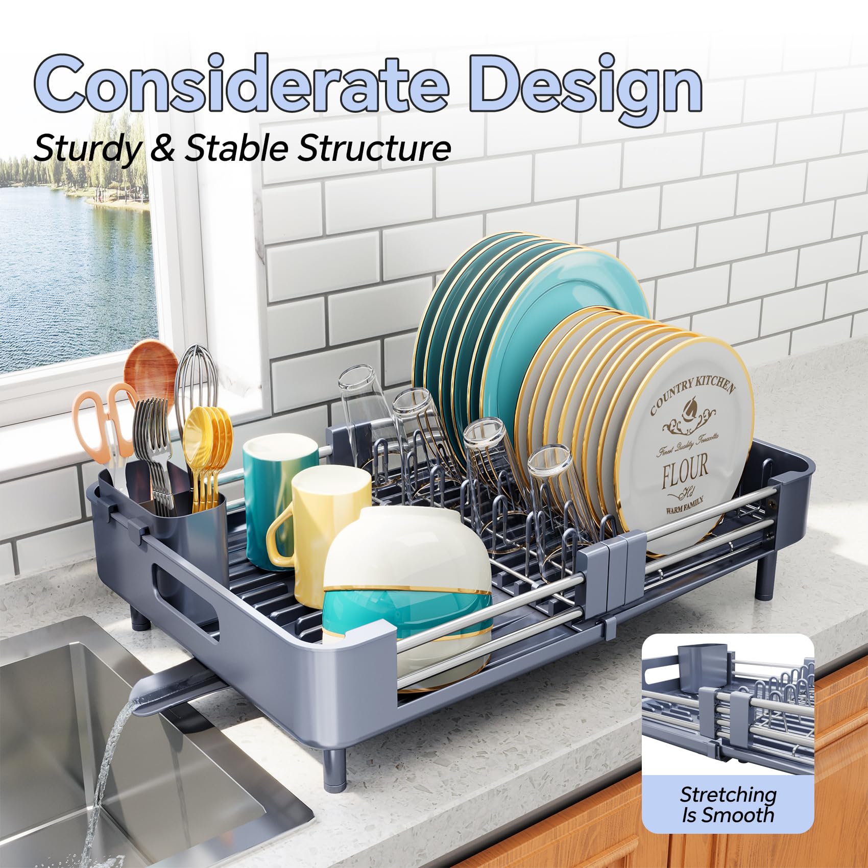 Dish Drying Rack, Kitchen Dish Drainer Rack, Expandable(13.2"-19.7") Stainless Steel Sink Organizer Dish Rack and Drainboard Set with Utensil Holder Cups Holder for Kitchen Counter