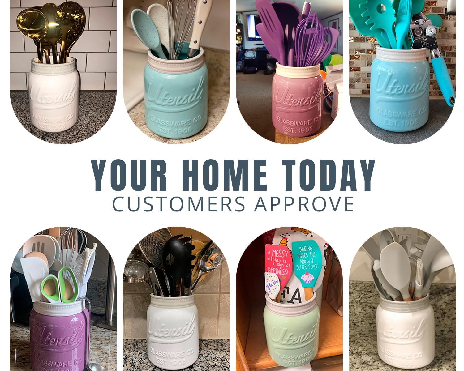 Ceramic Mason Jar Cutlery Holder - Set of 3 - Farmhouse Silverware Caddy for Kitchen Countretop - Decorative Spoon, Fork & Knife Holder for Parties & More - Rustic Caddy made of Premium Ceramic