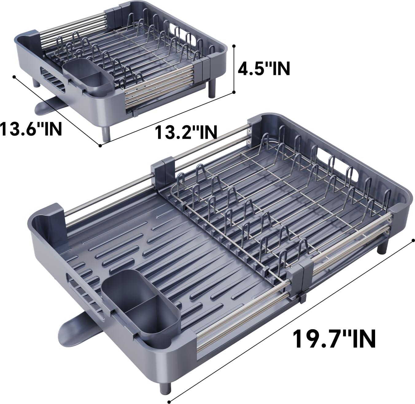 Dish Drying Rack, Kitchen Dish Drainer Rack, Expandable(13.2"-19.7") Stainless Steel Sink Organizer Dish Rack and Drainboard Set with Utensil Holder Cups Holder for Kitchen Counter