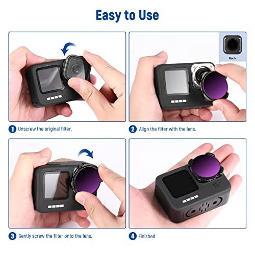 NEEWER ND/CPL Filter Set Compatible with GoPro Hero 11 10 Black Hero 9, 4 Packs (ND8/PL, ND16/PL, ND32/PL, ND64/PL) Multi Coated HD Glass, Action Camera Accessories Neutral Density/Polarizing Filters