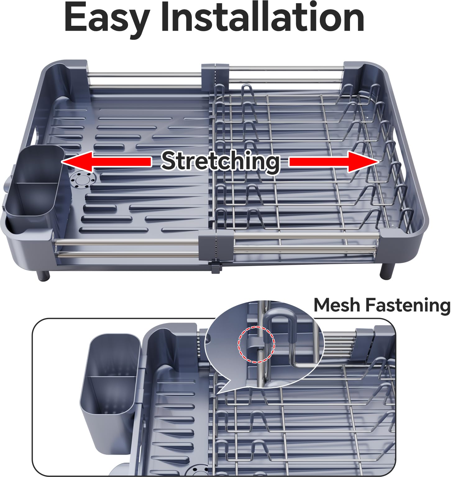 Dish Drying Rack, Kitchen Dish Drainer Rack, Expandable(13.2"-19.7") Stainless Steel Sink Organizer Dish Rack and Drainboard Set with Utensil Holder Cups Holder for Kitchen Counter