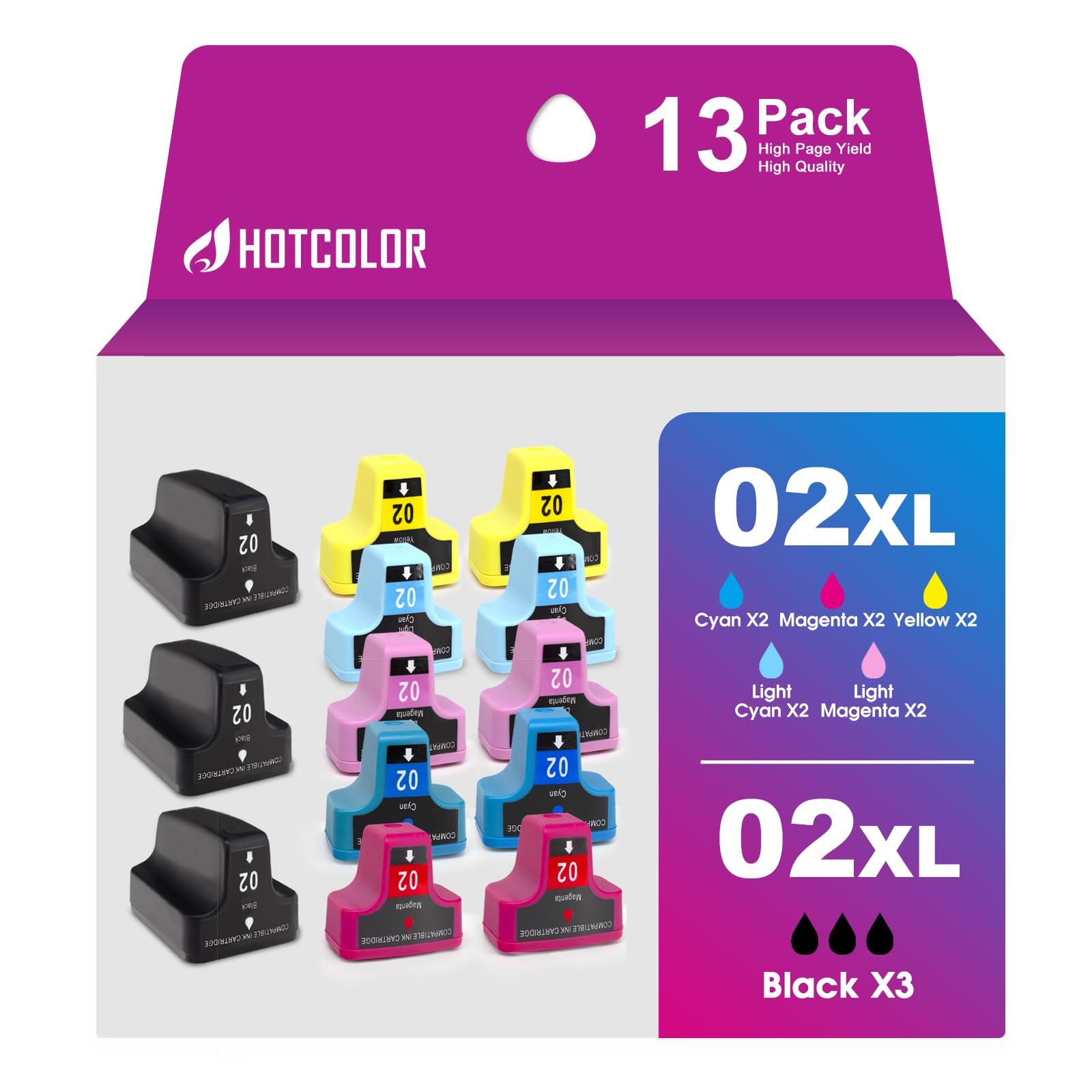 HOTCOLOR 02 Ink for HP 02 HP 02 Ink Cartridges for HP C6280 Ink cartridges Photosmart c7250 Ink C7200 C6180 C5280 (12 Pack + 1 Black)