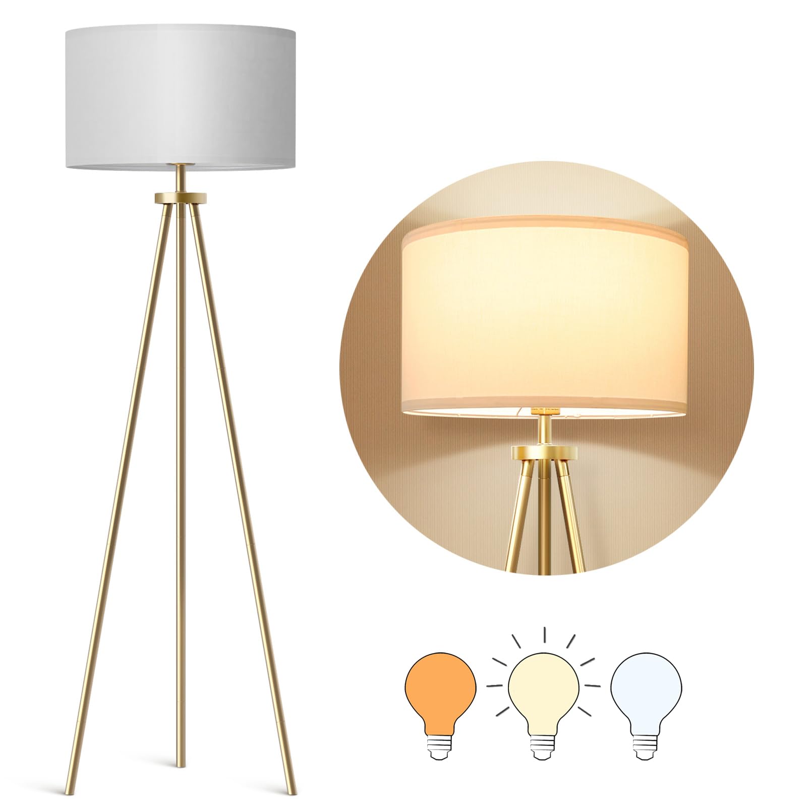 Alldio Tripod Floor Lamps for Living Room, Modern Standing Lamp with Drum Shade, Simple Industrial Tall Lamp, 9W LED Bulb Included - Brass
