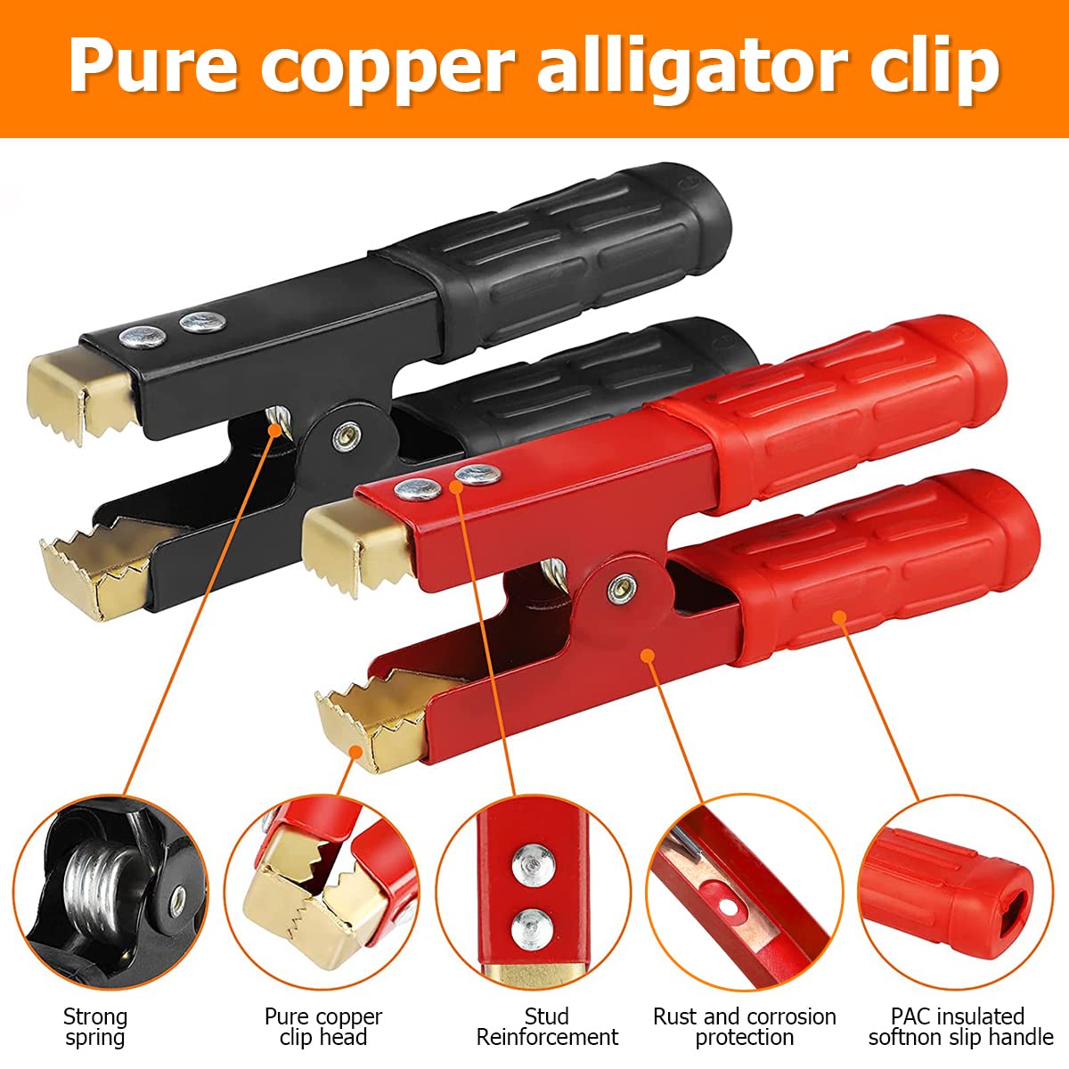 Moioee 2PCS Crocodile Clamps, 500/1000A Pure Copper Jumper Cables Clamp, Heavy Duty Car Battery Charger Alligator Clips, Power Replacement Battery Welding Machine Clamps, Auto Supplies