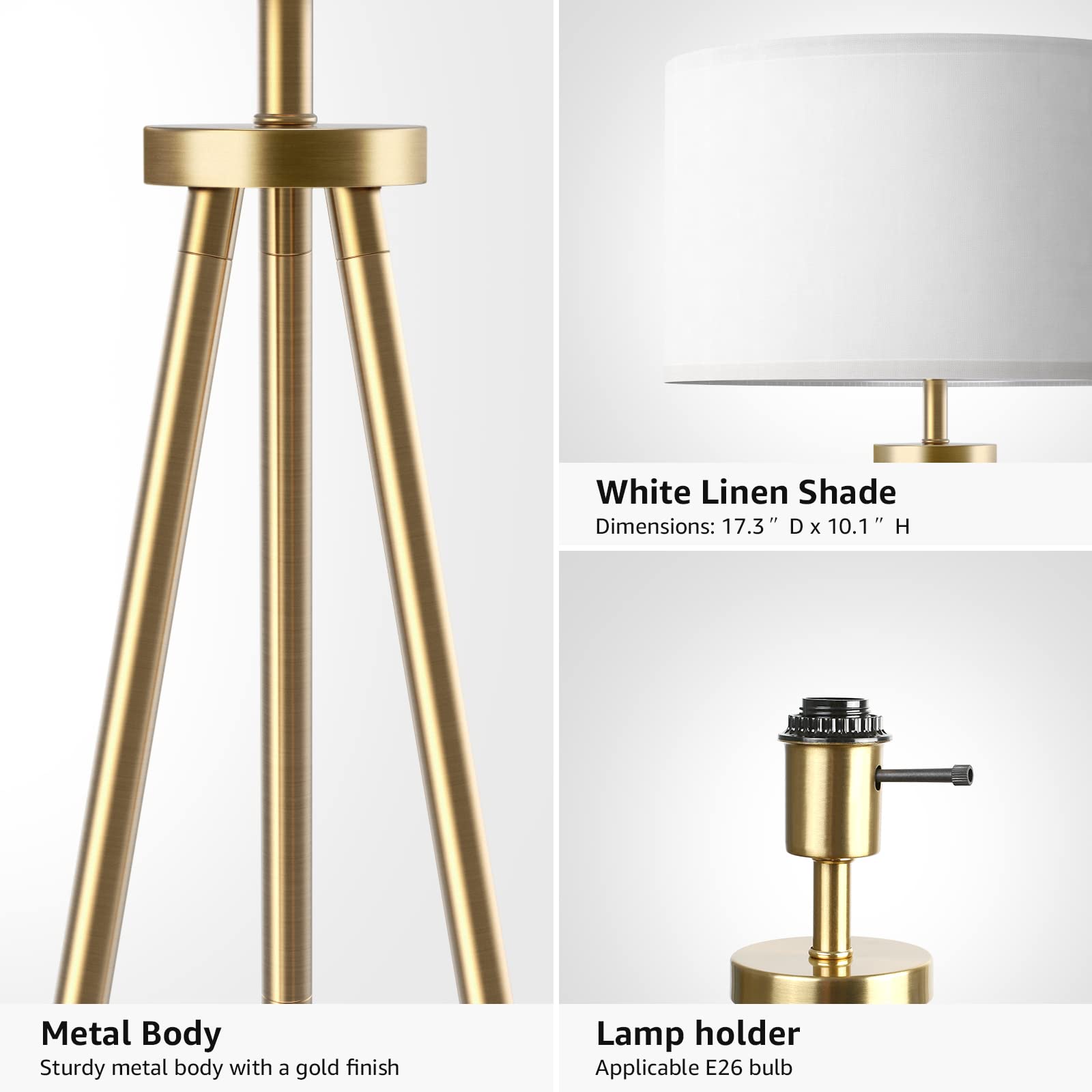 Alldio Tripod Floor Lamps for Living Room, Modern Standing Lamp with Drum Shade, Simple Industrial Tall Lamp, 9W LED Bulb Included - Brass