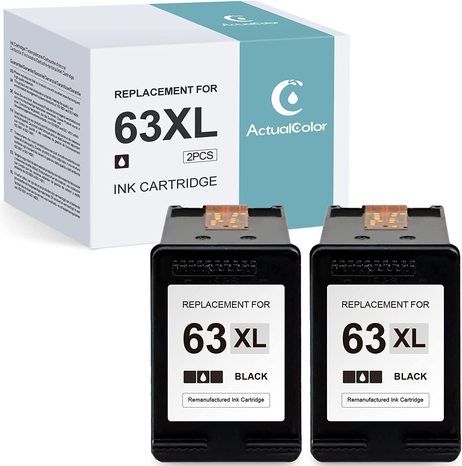ActualColor C Remanufactured Ink Cartridge Replacement for HP 63XL Black Ink Cartridge 63 XL for Envy 4520 4512 OfficeJet 3830 5255 5258 4655 4650 4652 DeskJet 3630 3632 2132 1112 Printer (2 Black)