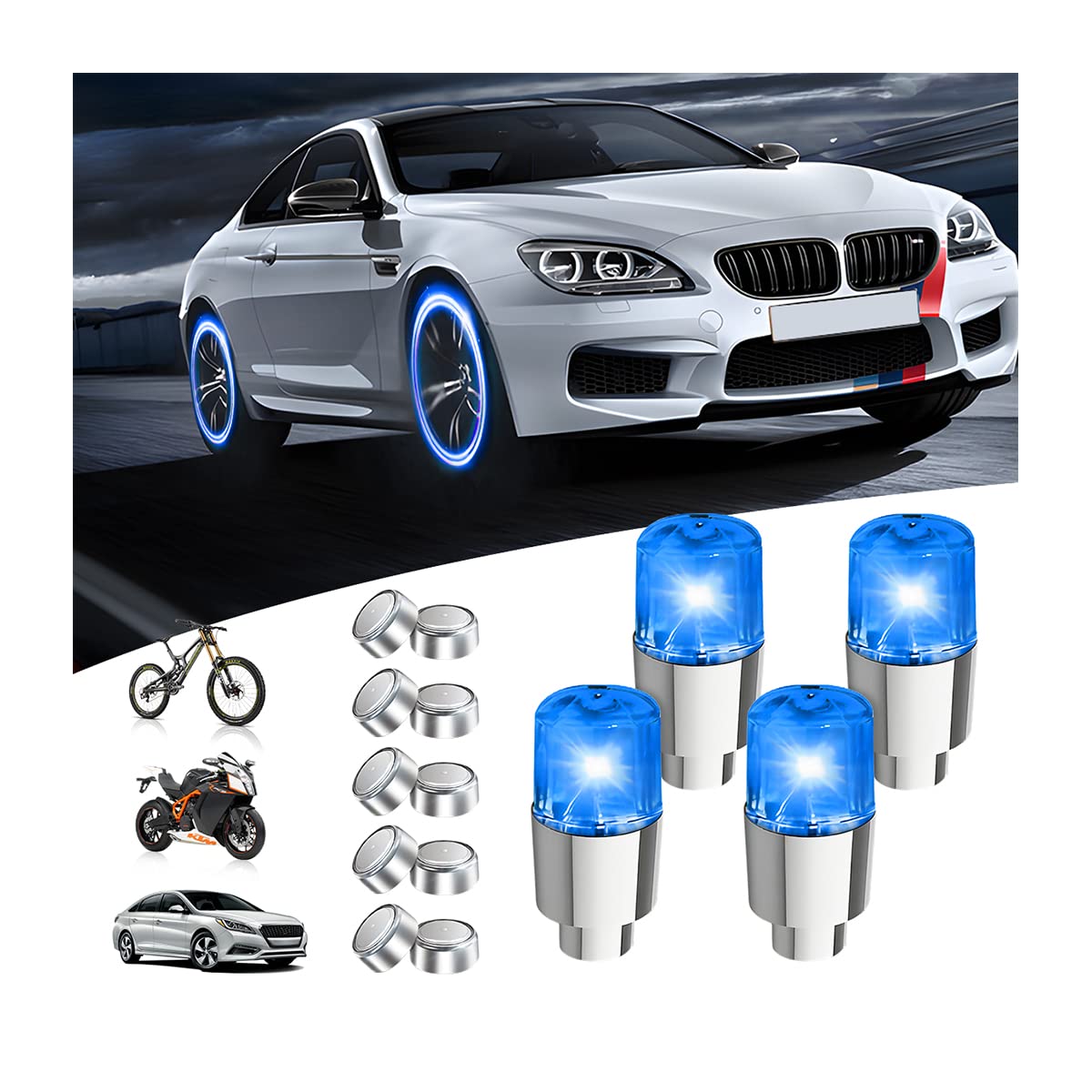 4PCS LED Car Wheel Tire Valve Caps Lights, Neon Spoke Flash Light Bulb for Bike Motorcycle, Waterproof Motion Sensors Led Lamp with 10 Extra Battery, Auto Accessories