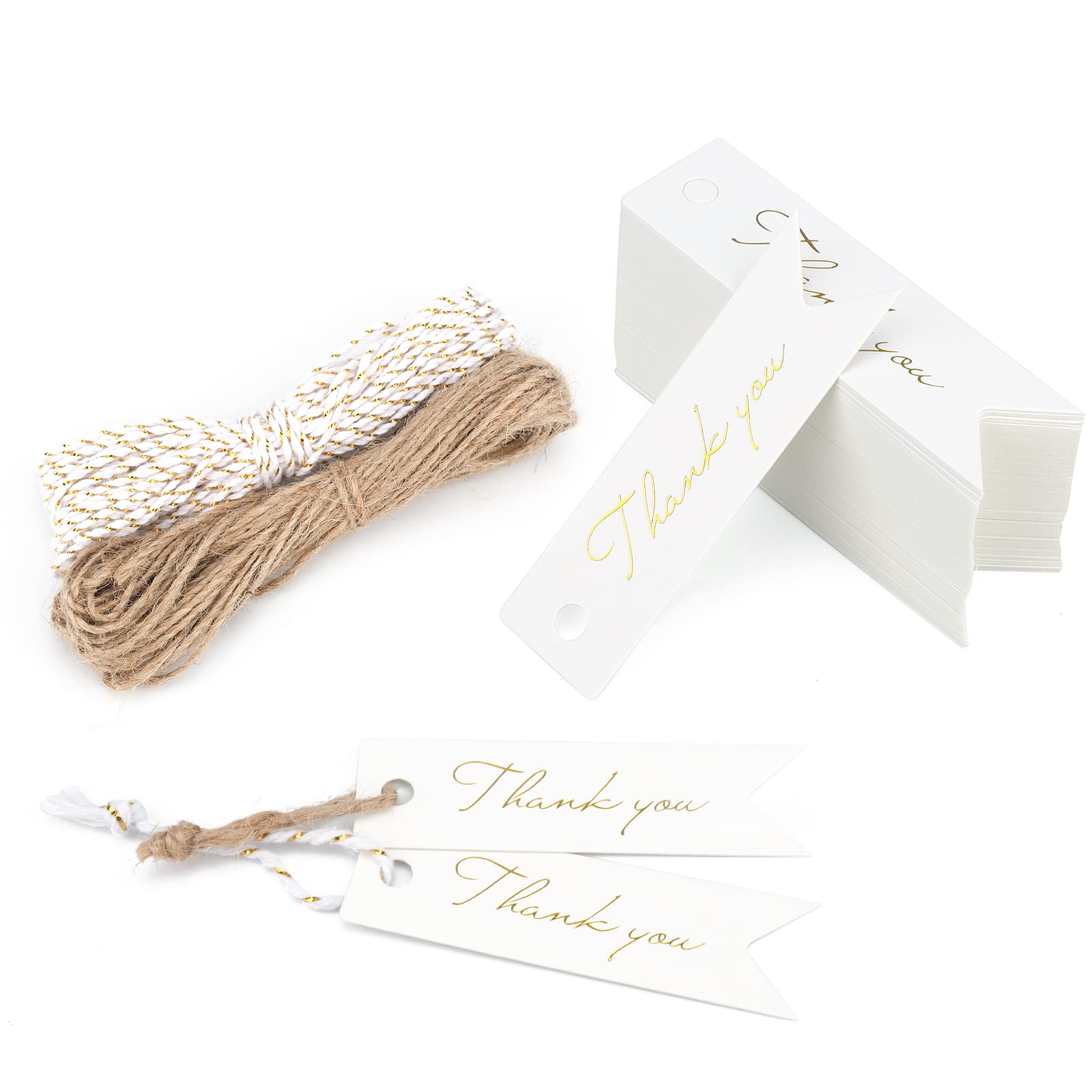 100Pcs Mini Thank You Gift Tags with String, High-end White Paper Gold Word Hang Tags with Jute Twine and Cotton Gold Twine for Arts and Crafts, WeddingHoliday, Thanksgiving, Birthday (2.75''x0.75'')