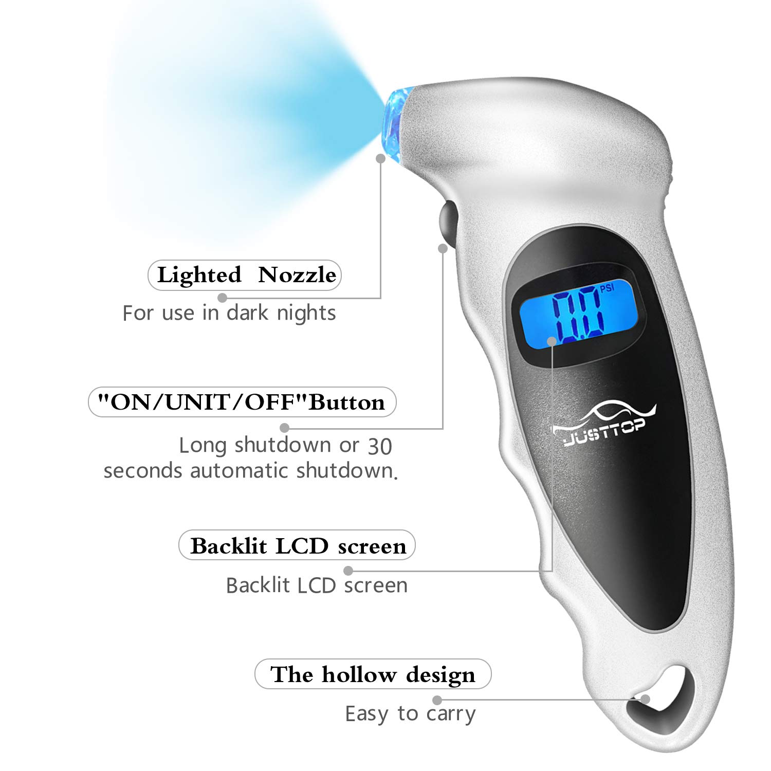 JUSTTOP 2 Pack Digital Tire Pressure Gauge, 150PSI 4 Setting for Cars, Trucks and Bicycles, Backlit LCD and Anti-Skid Grip for Easy and Accurate Reading(Silver)