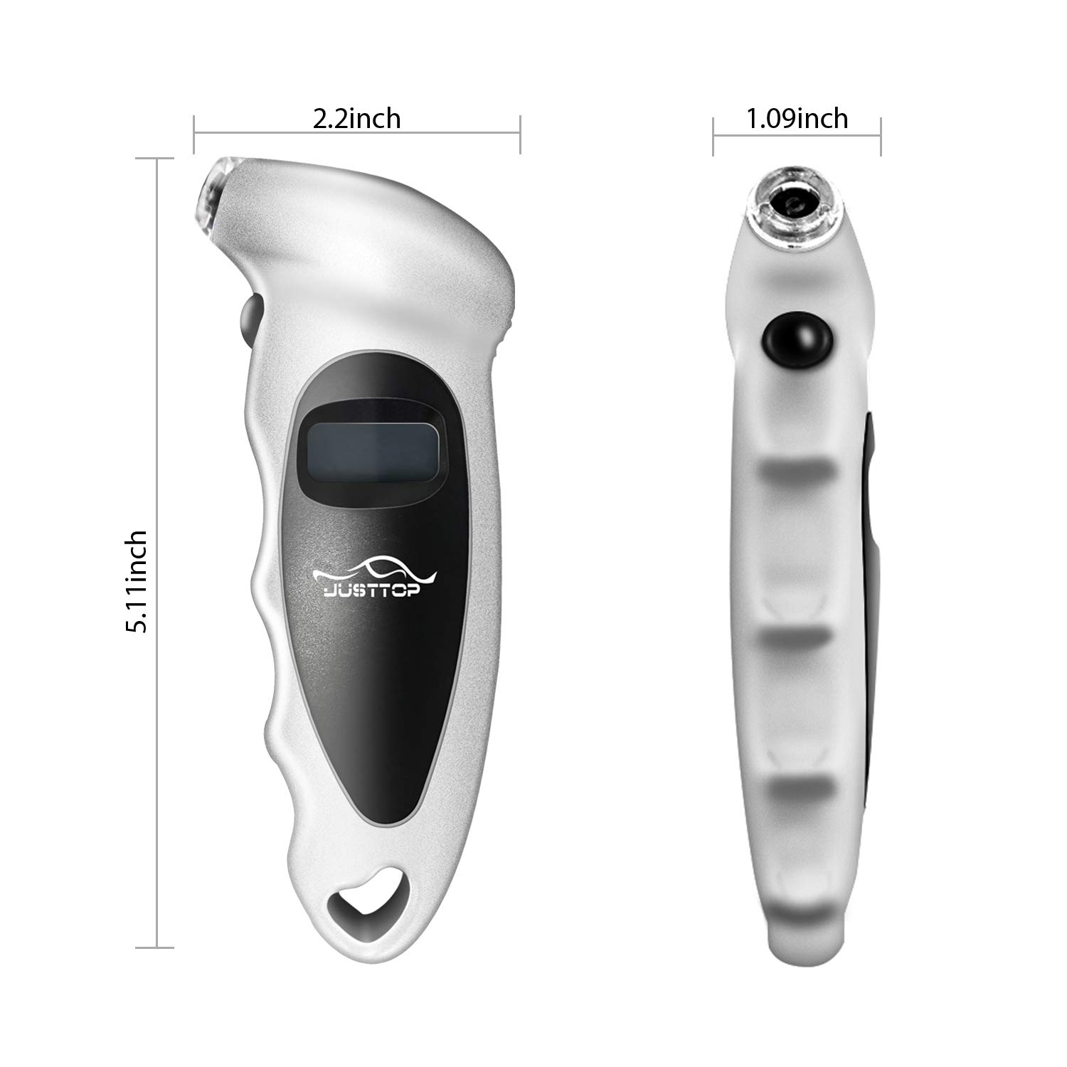 JUSTTOP 2 Pack Digital Tire Pressure Gauge, 150PSI 4 Setting for Cars, Trucks and Bicycles, Backlit LCD and Anti-Skid Grip for Easy and Accurate Reading(Silver)