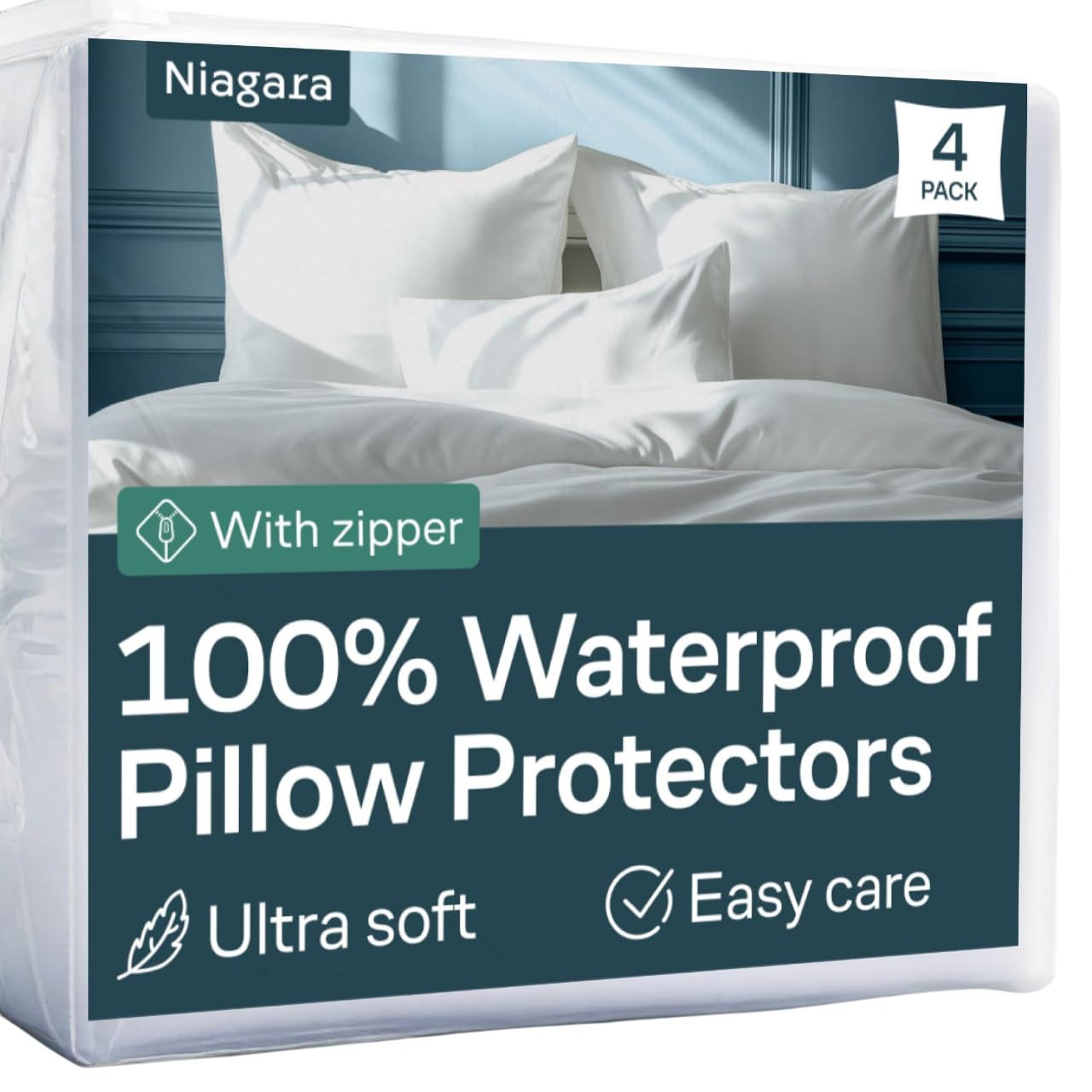 4 Pack Waterproof Pillow Protectors Standard 20x26 Inches Smooth Zipper Premium Encasement Covers Quiet Cases Set White 100% Liquid Protection