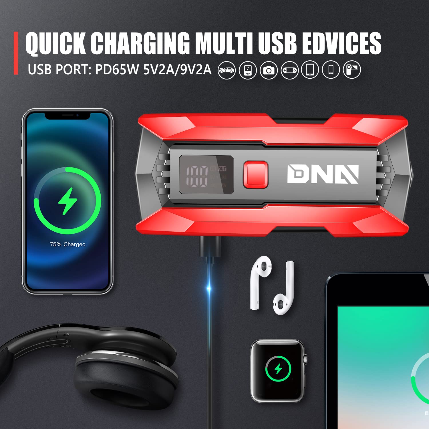 DNA MOTORING 12V 2000A Peak Multi-Function Portable Car Battery Jump Starter for Up to 8.0L Gas / 6.3L Diesel Engine, with Carry Case,TOOLS-00275