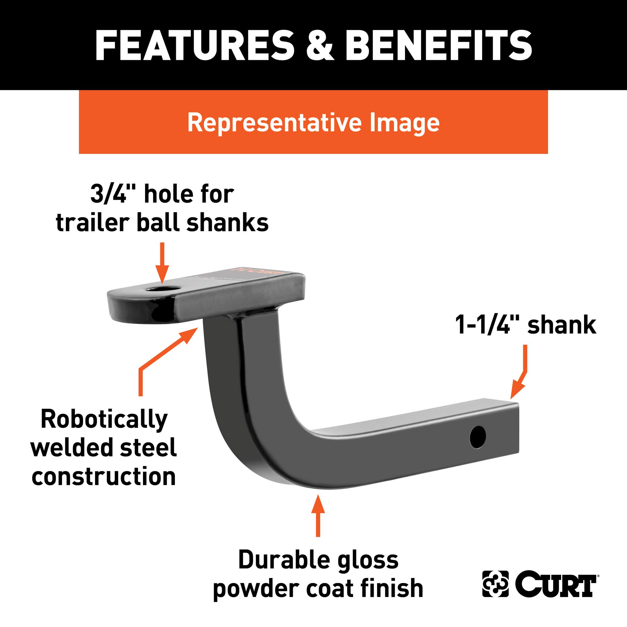 CURT 45023 Class 1 Trailer Hitch Ball Mount, Fits 1-1/4-Inch Receiver, 2,000 lbs, 3/4-Inch Hole, 3-3/4-Inch Rise