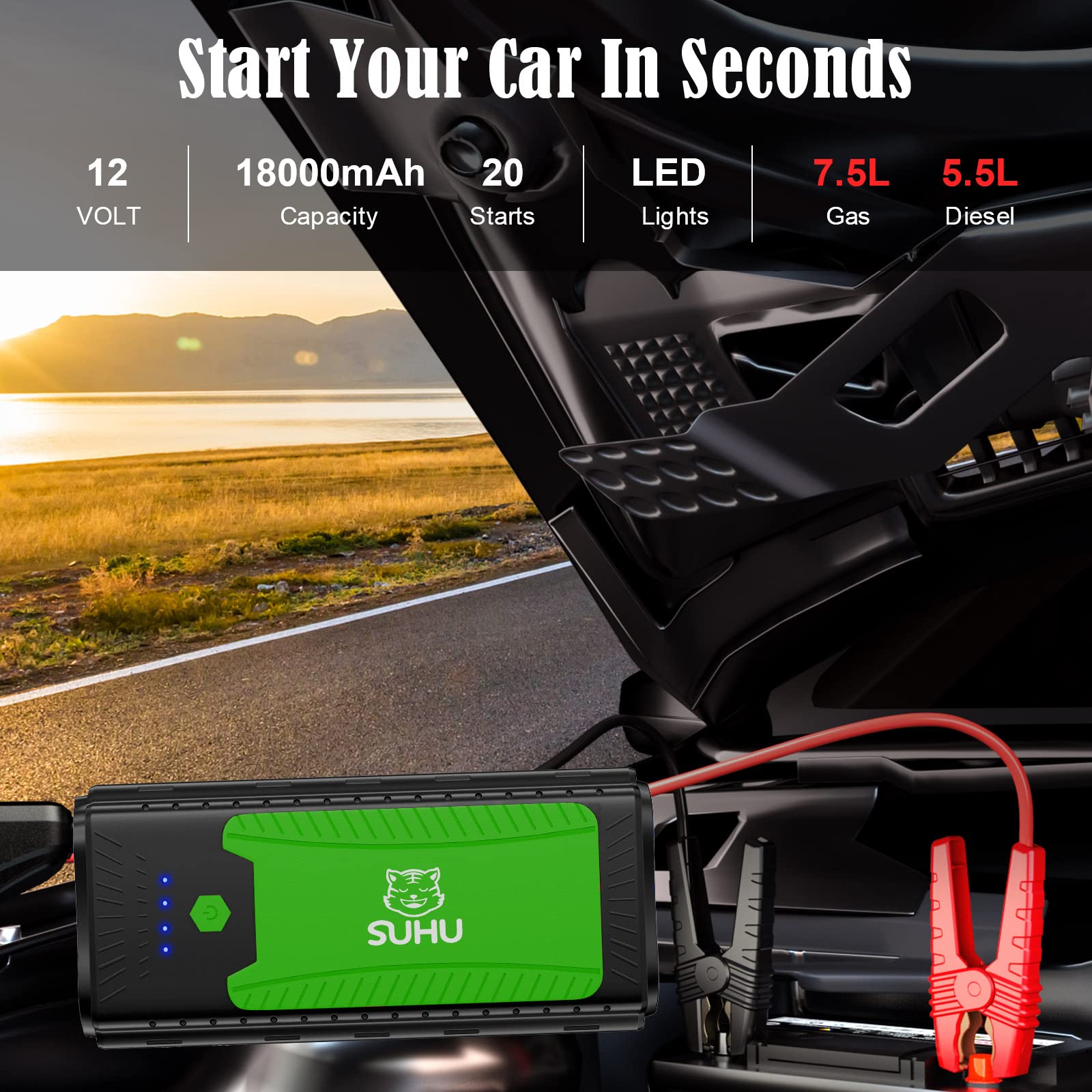 Car Battery Jump Starter, SUHU 1500A Peak 18000mAh Safe Lithium Car Battery Starter, 12V Car Auto Battery Booster (Up to 7L Gas/5.5L Diesel Engine) with QC 3.0 Fast Charge, 2*USB Port &LED Flashlight