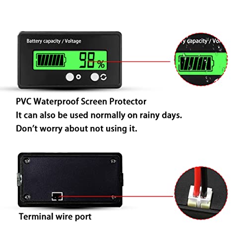 Battery Capacity Voltage Meter with Alarm, Waterproof LCD Display and Backlight Digital Testers, 24V 12V 36V 48V Lead-Acid Lithium ion Battery Gauge, Fit for Car Golf Cart RV Marine (Green)