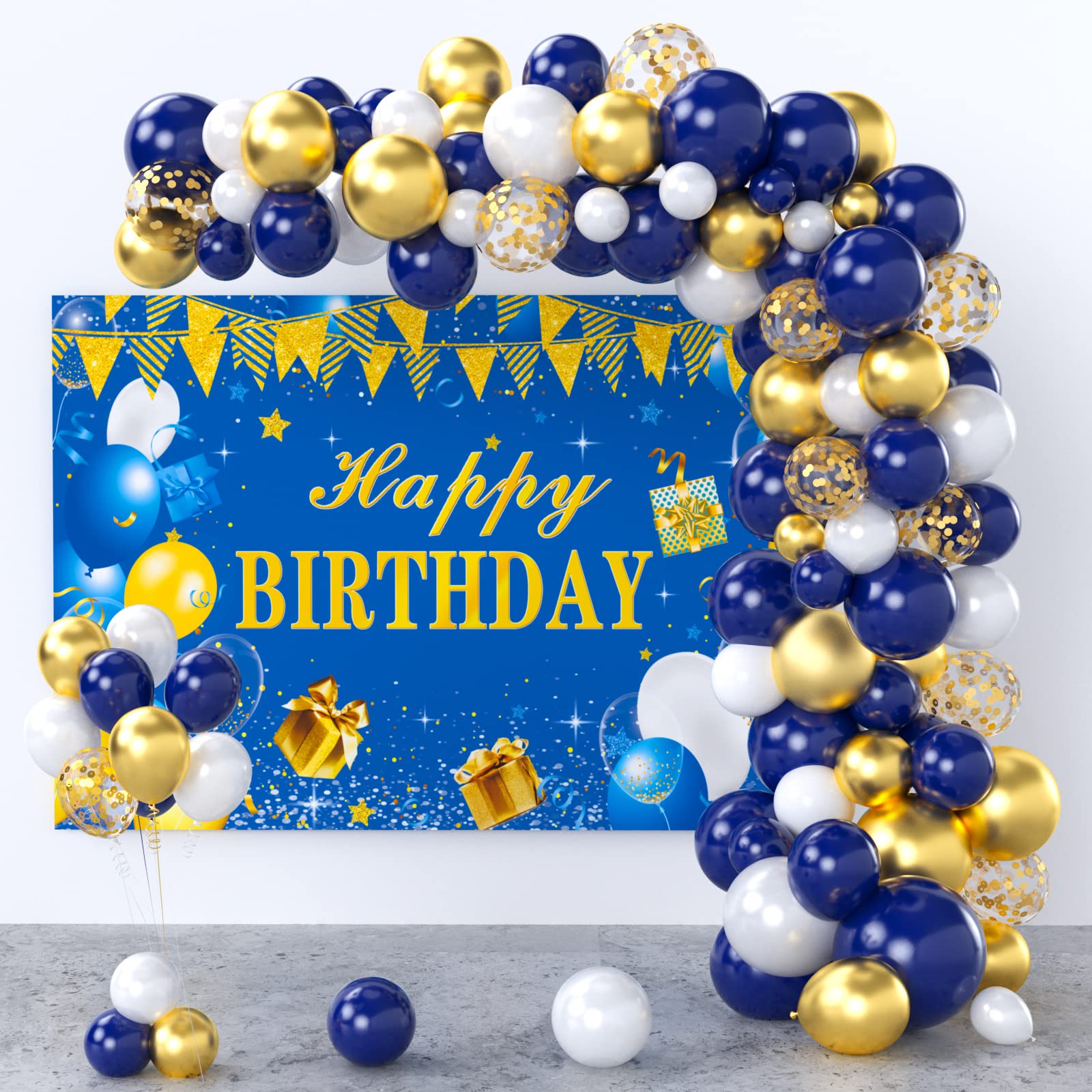 Kedrwa Blue and Gold Birthday Decorations, Blue and Gold Balloon Arch and Birthday Backdrop Blue and Gold Party Balloons for Men Women Birthday Decorations