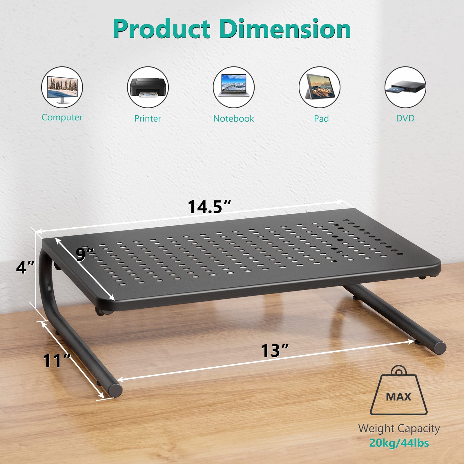 WALI Monitor Stand Riser, Laptop Holder Printer Riser Desk Accessories, Vented Metal Platform and 4 inches Height Underneath Storage for Office Supplies (STT001), 1 Pack, Black